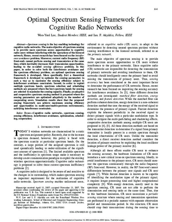 Pdf Optimal Spectrum Sensing Framework For Cognitive Radio Networks