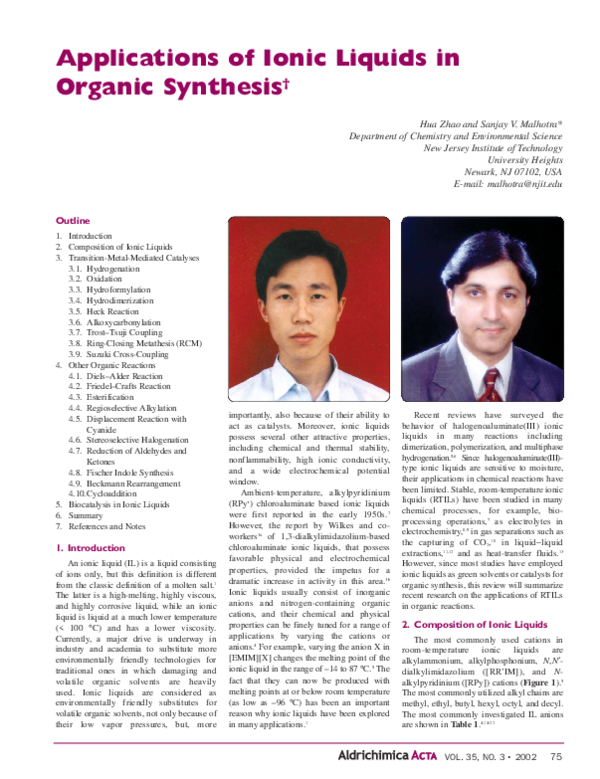 (PDF) Applications of ionic liquids in organic synthesis