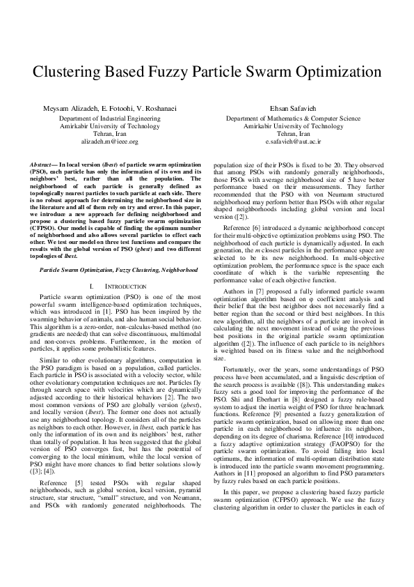 (PDF) Clustering based fuzzy particle swarm optimization