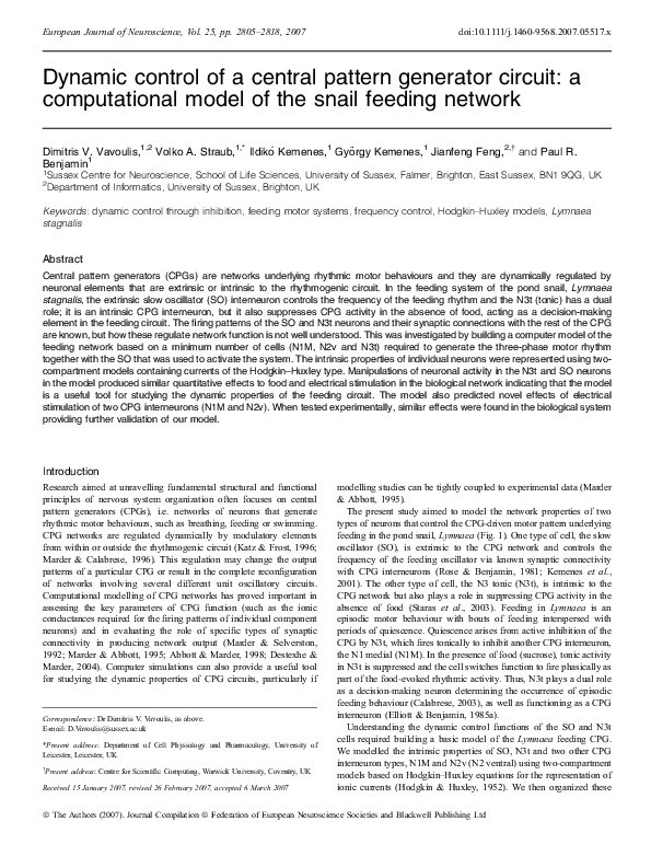Pdf Dynamic Control Of A Central Pattern Generator Circuit A Computational Model Of The Snail
