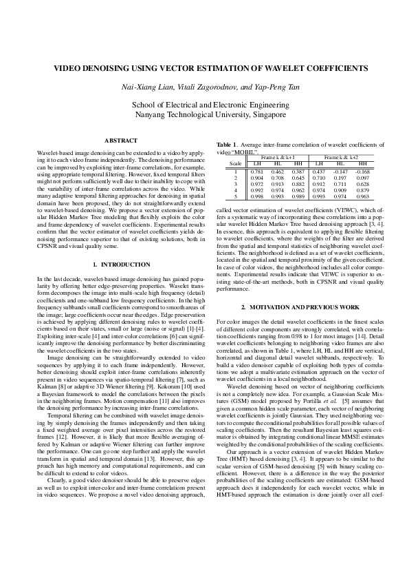 Pdf Video Denoising Using Vector Estimation Of Wavelet Coefficients