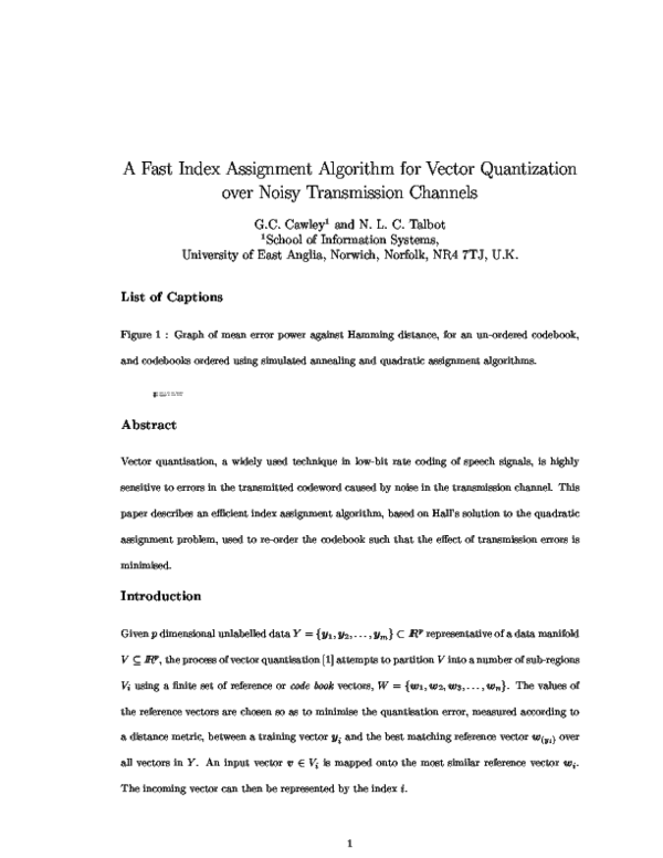 Pdf Fast Index Assignment Algorithm For Vector Quantisation Over 1100