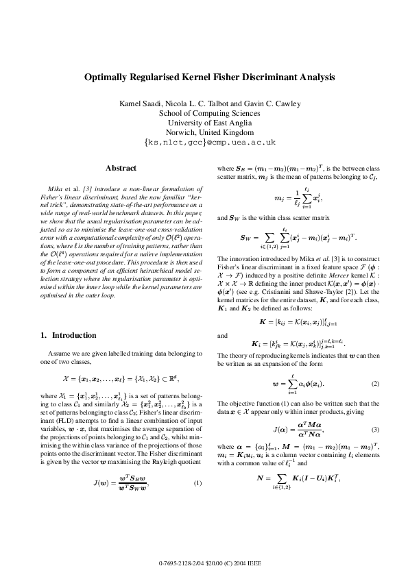 (PDF) Optimally regularised kernel Fisher discriminant analysis