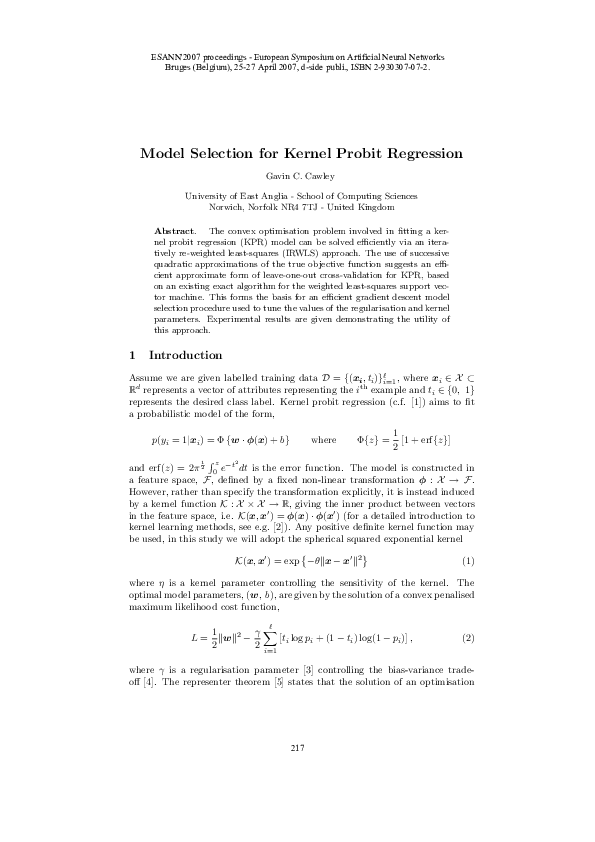 Pdf Model Selection For Kernel Probit Regression