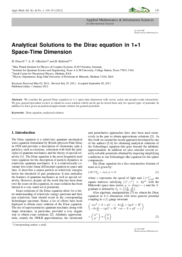 Pdf Analytical Solutions To The Dirac Equation In 1 1 Space Time Dimension