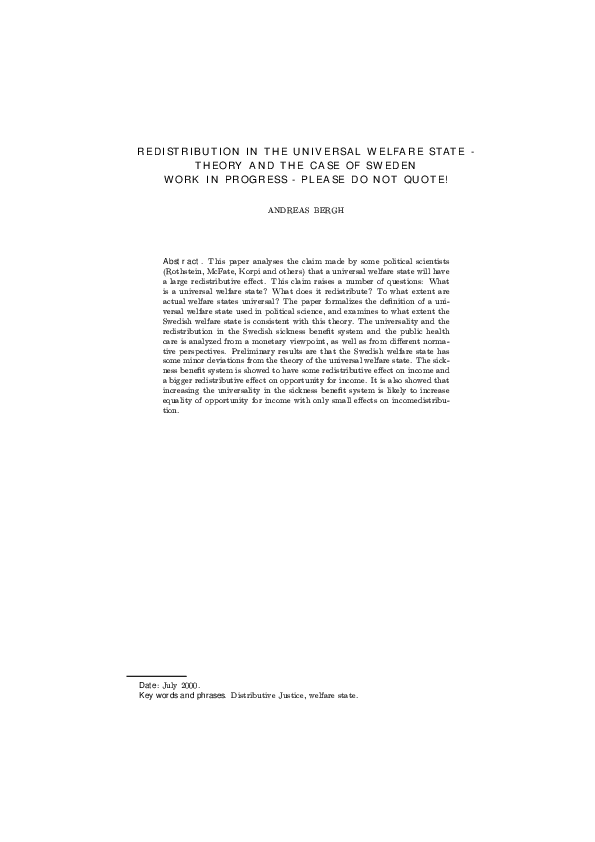 (PDF) REDISTRIBUTION IN THE UNIVERSAL WELFARE STATE-THEORY AND THE CASE OF SWEDEN WORK IN ...