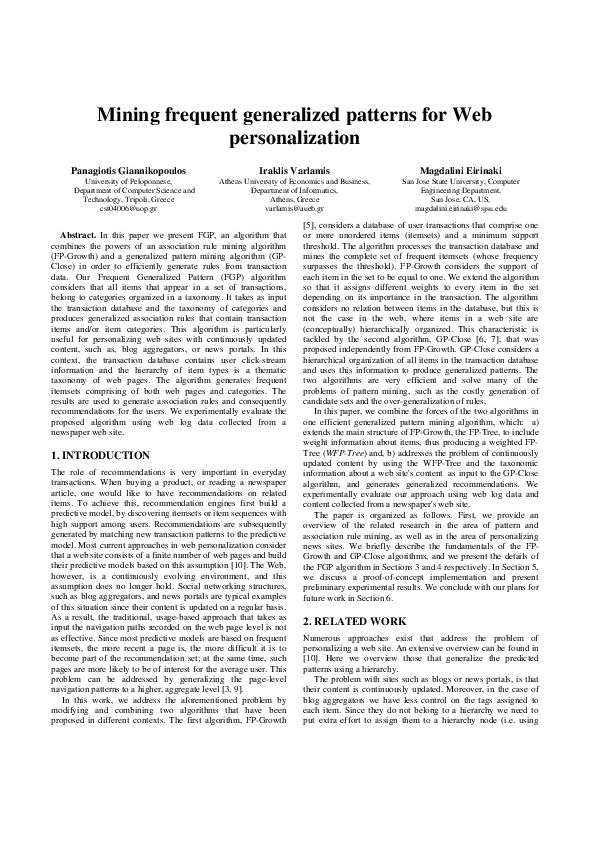 (PDF) Mining frequent generalized patterns for Web personalization