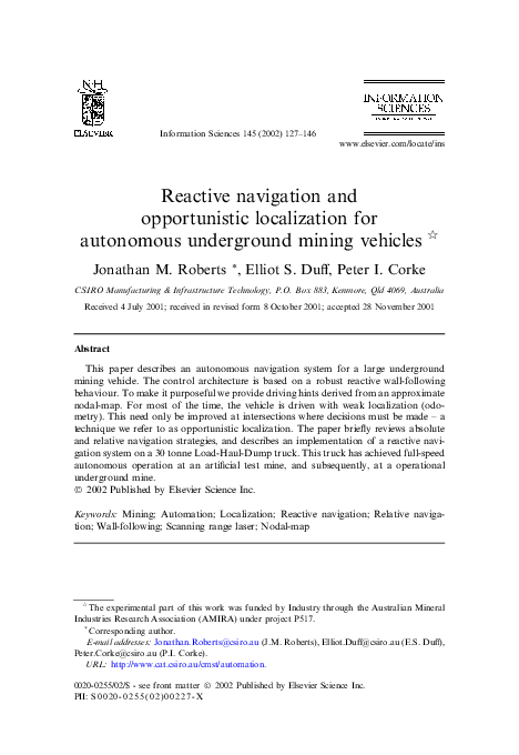 Pdf Reactive Navigation And Opportunistic Localization For Autonomous Underground Mining