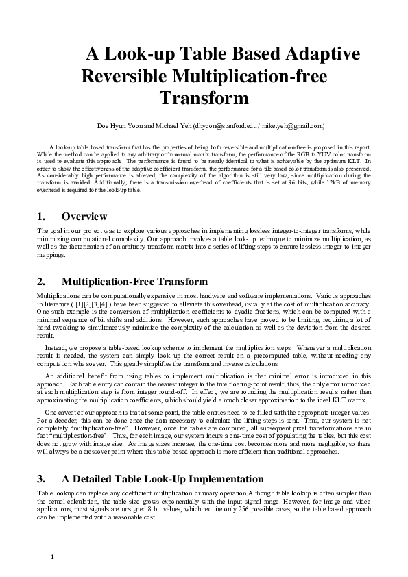 (PDF) A Look-up Table Based Adaptive Reversible Multiplication-free Transform