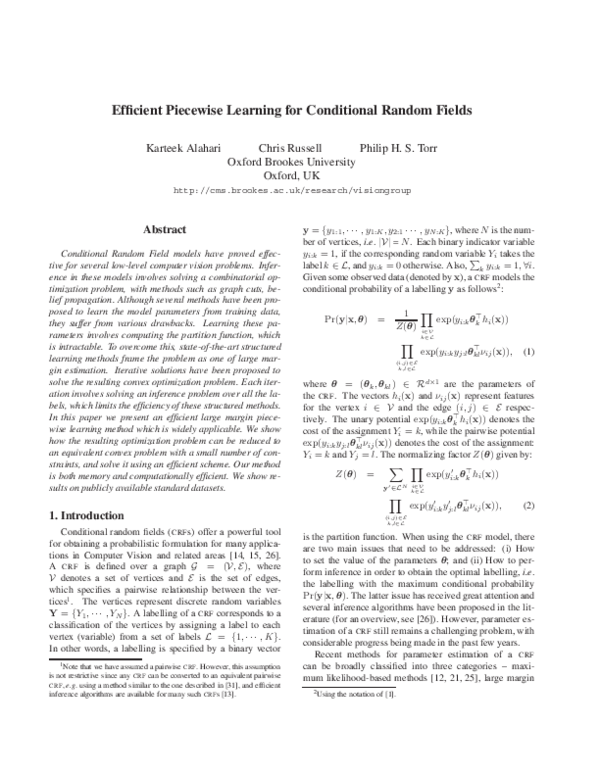 Pdf Efficient Piecewise Learning For Conditional Random Fields