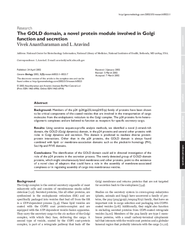 (PDF) The GOLD domain, a novel protein module involved in Golgi ...