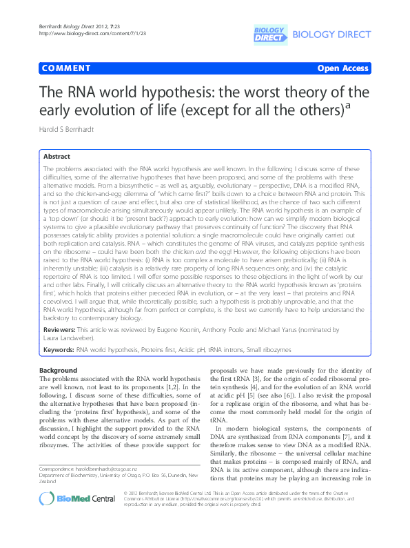 (PDF) The RNA world hypothesis: the worst theory of the early evolution ...