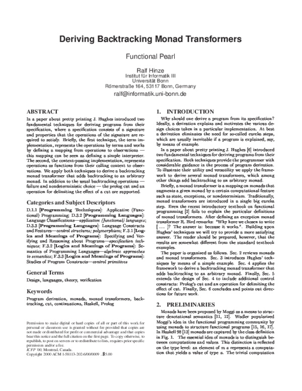 (PDF) Deriving backtracking monad transformers