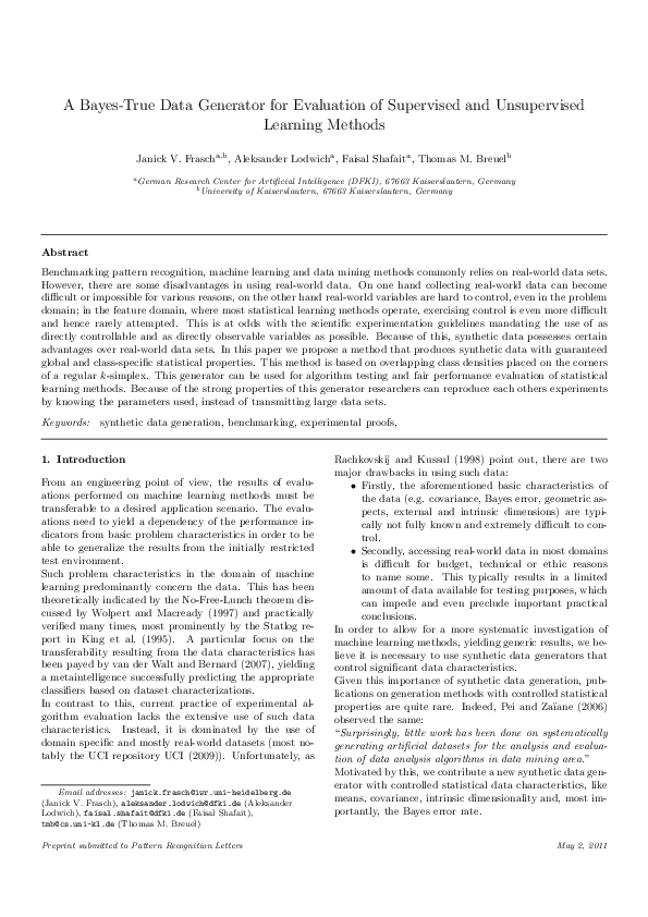 (PDF) A Bayes-true data generator for evaluation of supervised and unsupervised learning methods