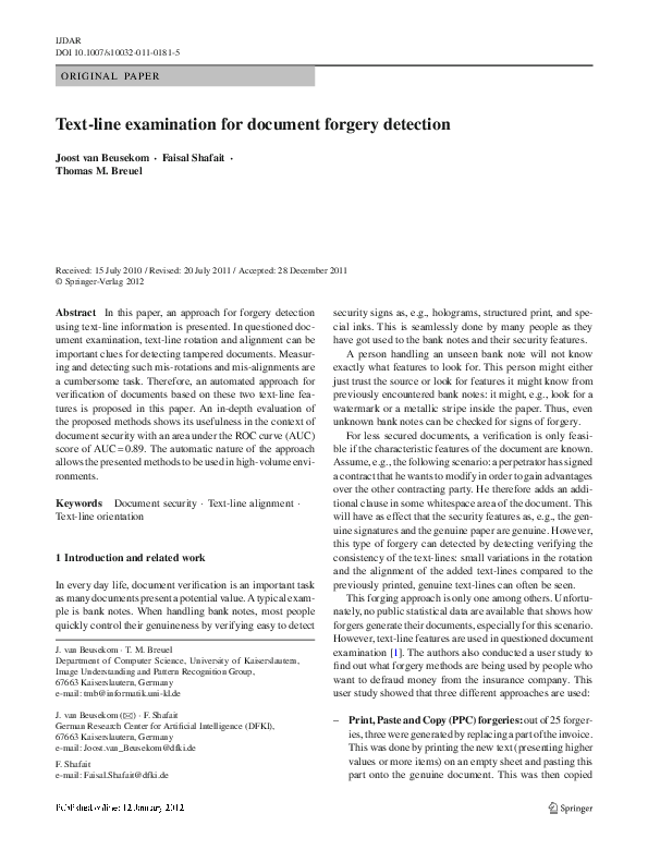 (PDF) Text-line examination for document forgery detection