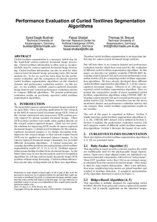 (PDF) Performance evaluation of curled textlines segmentation algorithms