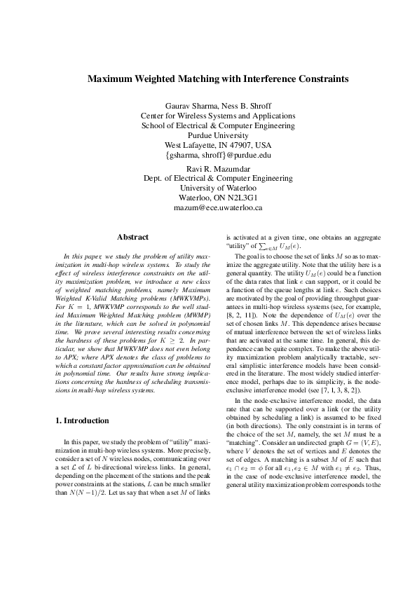(PDF) Maximum weighted matching with interference constraints