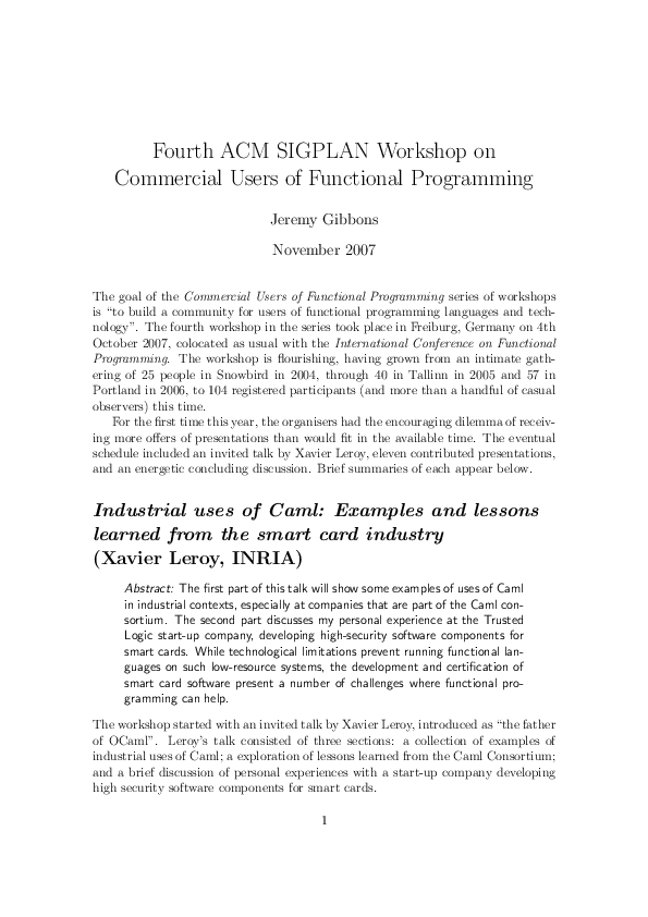 (PDF) Fourth ACM SIGPLAN Workshop on Commercial Users of Functional Programming