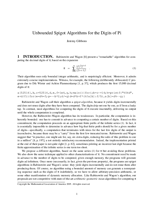 (PDF) Unbounded spigot algorithms for the digits of pi