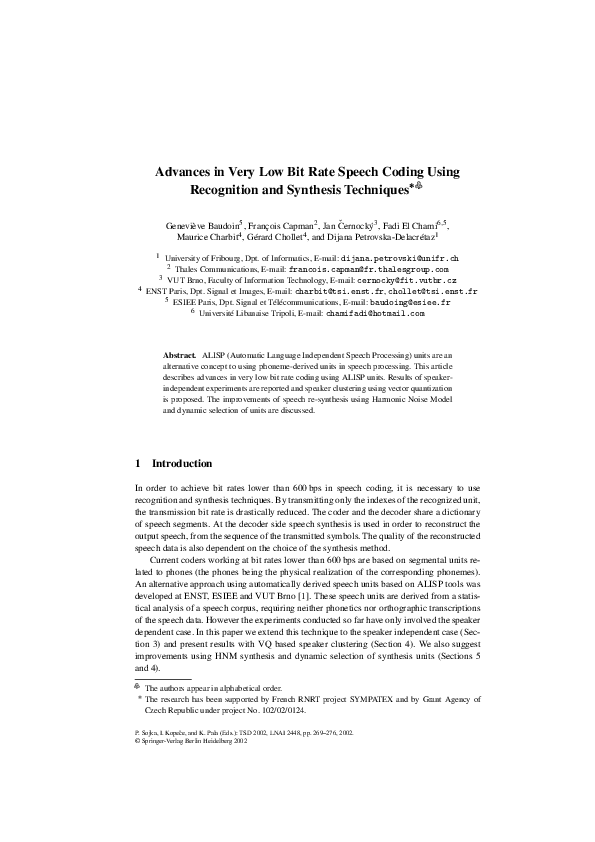 Pdf Advances In Very Low Bit Rate Speech Coding Using Recognition And Synthesis Techniques