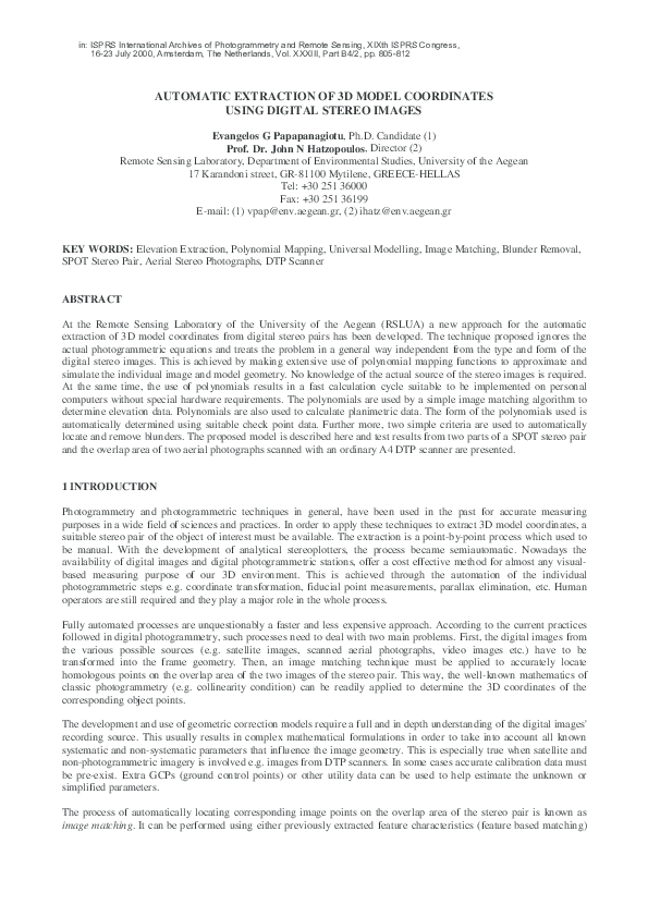 Pdf Automatic Extraction Of 3d Model Coordinates Using Digital Stereo