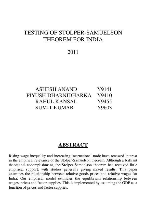 (PDF) Testing of Stolper Samuelson Theorem for India