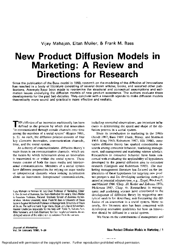 (PDF) New product diffusion models in marketing: A review and ...