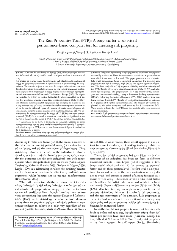(PDF) The Risk Propensity Task (PTR): A proposal for a behavioral performance-based computer ...