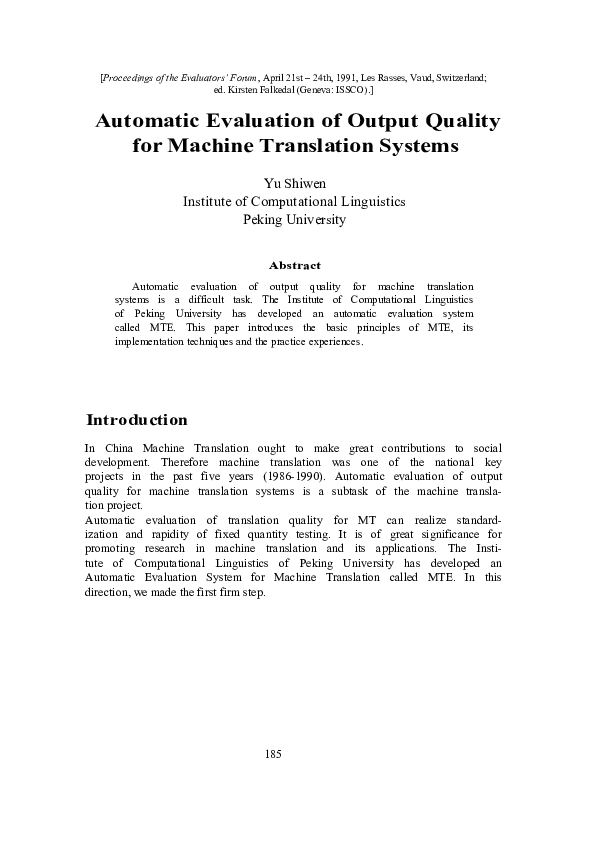 (PDF) Automatic evaluation of output quality for machine translation systems
