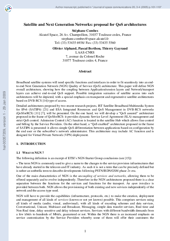 (PDF) Satellite and next generation networks: proposal for QoS architectures