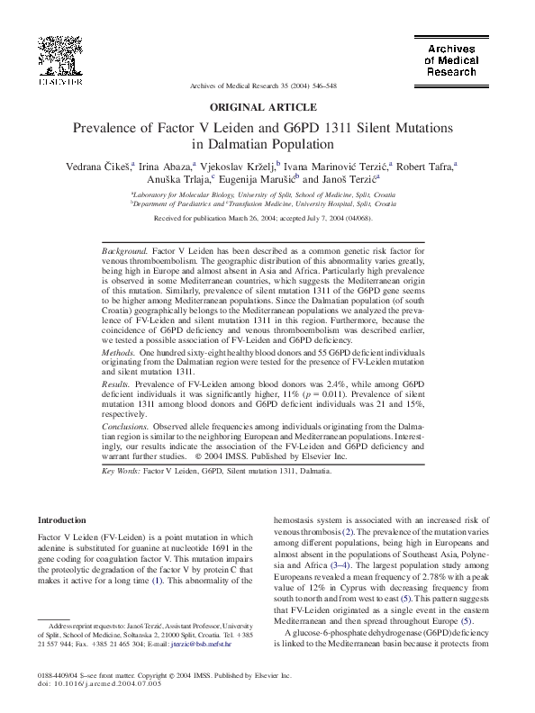 (PDF) Prevalence of factor V Leiden and G6PD 1311 silent mutations in ...