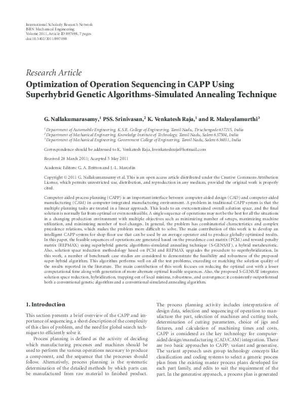 (PDF) Optimization of Operation Sequencing in CAPP Using Superhybrid Genetic Algorithms ...