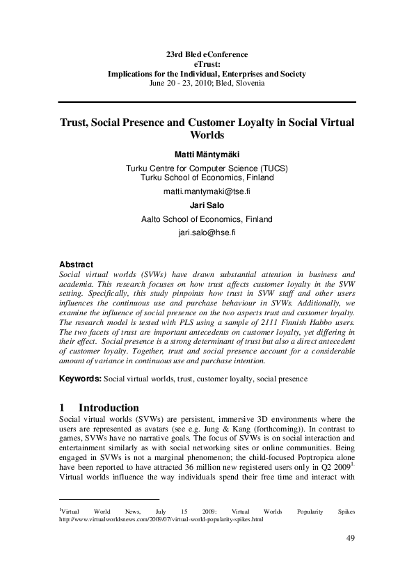 (PDF) Trust, Social Presence and Customer Loyalty in Social Virtual Worlds