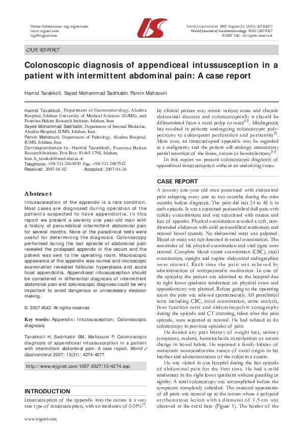 (PDF) Colonoscopic diagnosis of appendiceal intussusception in a ...