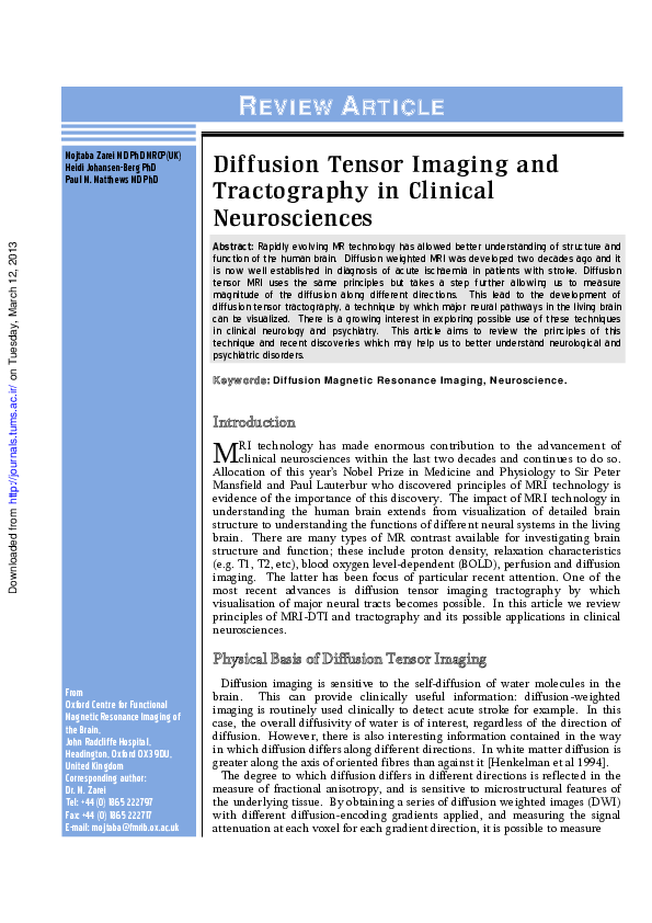 (PDF) Diffusion Tensor Imaging and Tractography in Clinical Neurosciences