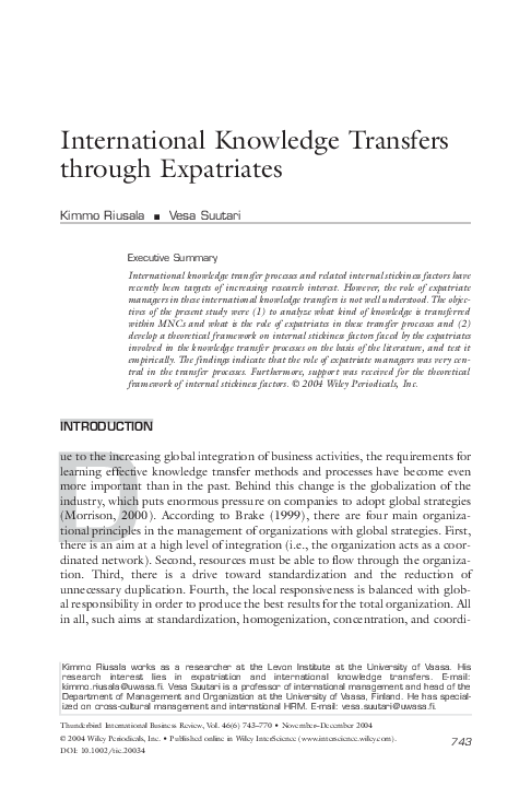 (PDF) International knowledge transfers through expatriates