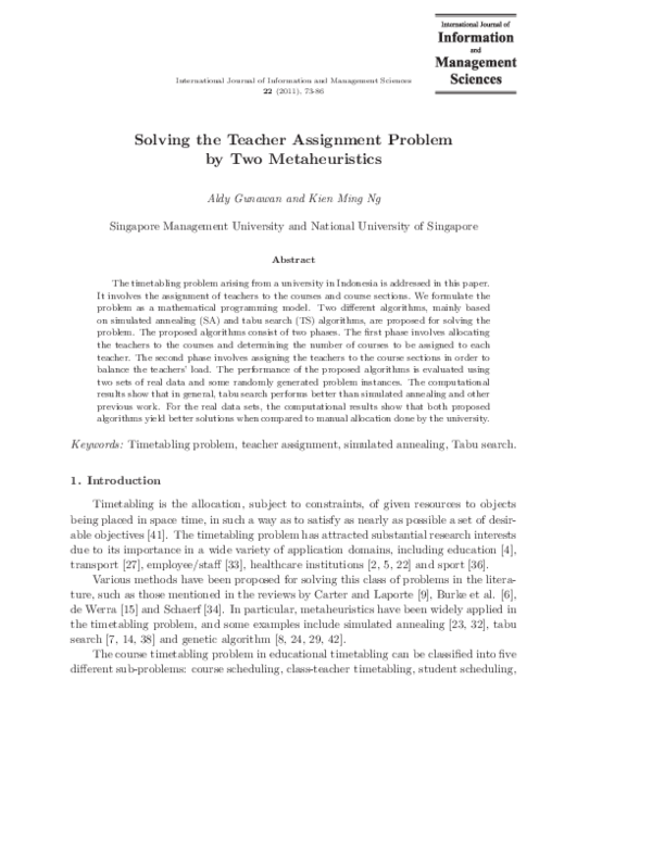 Pdf Solving The Teacher Assignment Problem By Two Metaheuristics