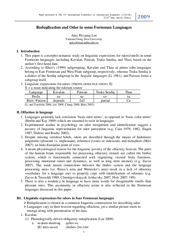 (PDF) Reduplication and Odor in Four Formosan Languages