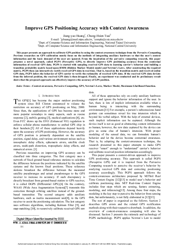 (PDF) Improve GPS positioning accuracy with context awareness