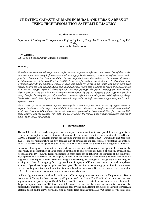 (PDF) Creating Cadastral Maps in Rural and Urban Areas using High Resolution Satellite Imagery