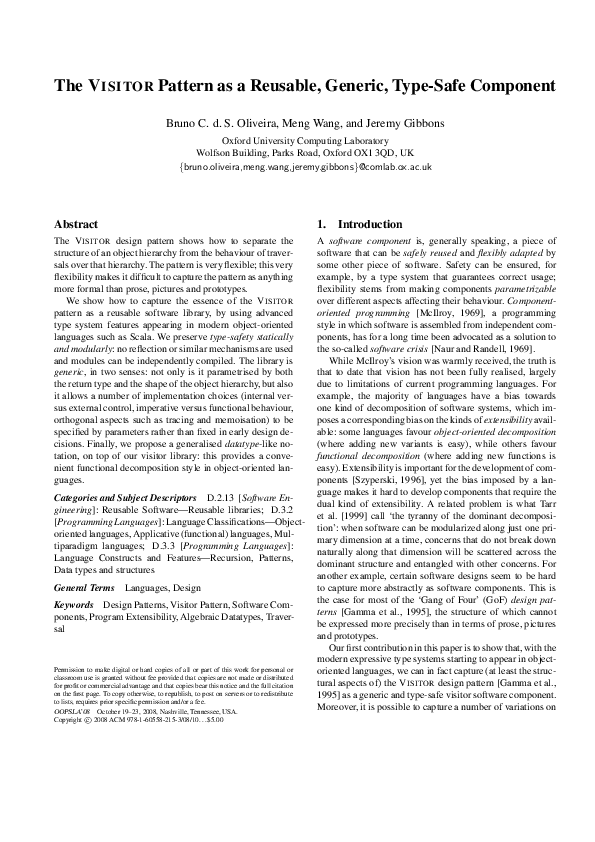 (PDF) The visitor pattern as a reusable, generic, type-safe component