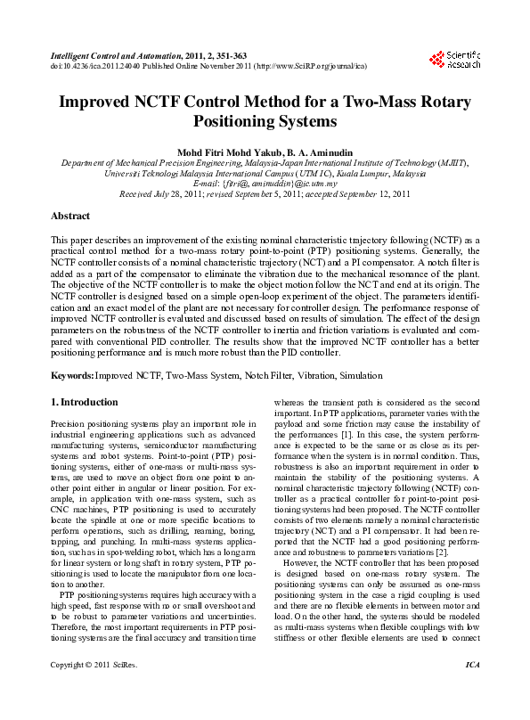 (PDF) Improved NCTF Control Method for a Two-Mass Rotary Positioning Systems