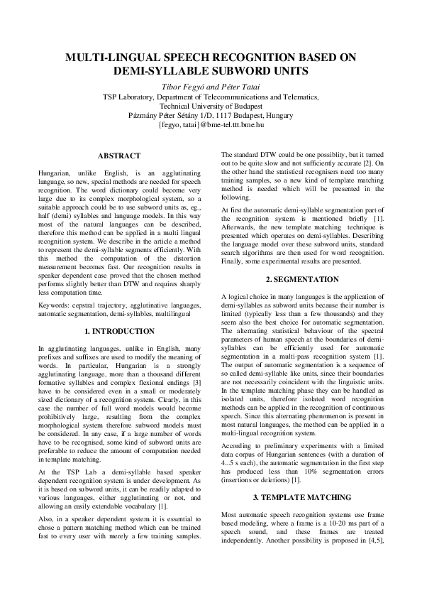 (PDF) Multi-lingual speech recognition based on demi-syllable subword units