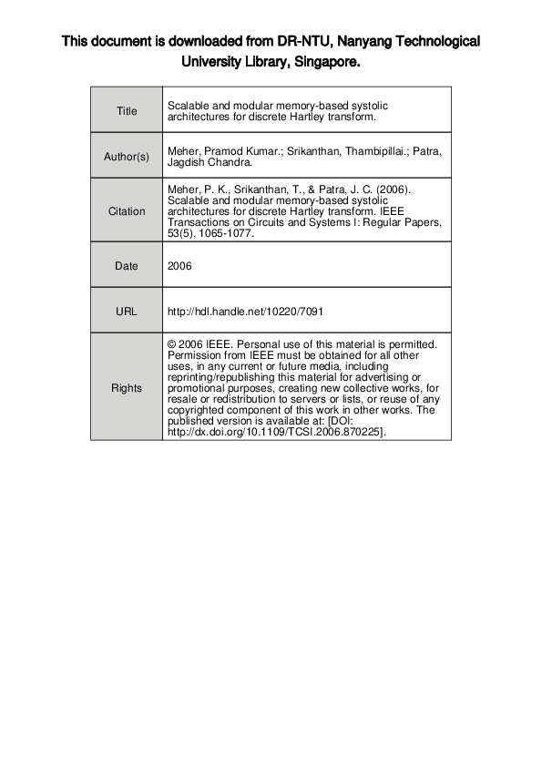 Pdf Scalable And Modular Memory Based Systolic Architectures For Discrete Hartley Transform