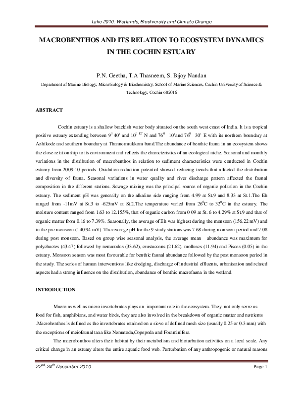(PDF) MACROBENTHOS AND ITS RELATION TO ECOSYSTEM DYNAMICS IN THE COCHIN ...