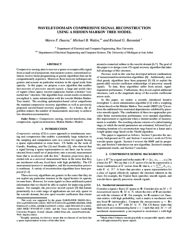 Pdf Wavelet Domain Compressive Signal Reconstruction Using A Hidden Markov Tree Model