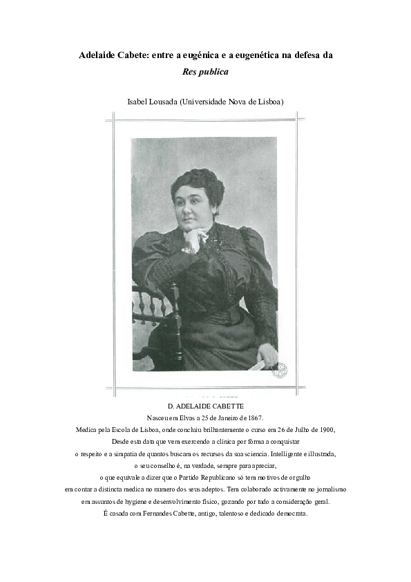 (PDF) Adelaide Cabete: entre a eugénica ea eugenética na defesa da Res ...