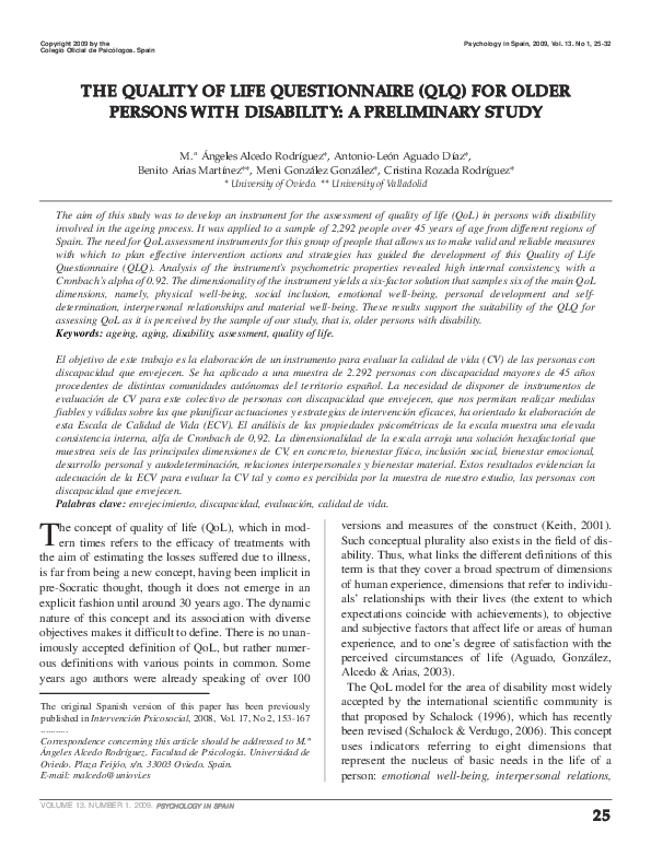 (PDF) The Quality of Life Questionnaire (QLQ) for older persons with ...
