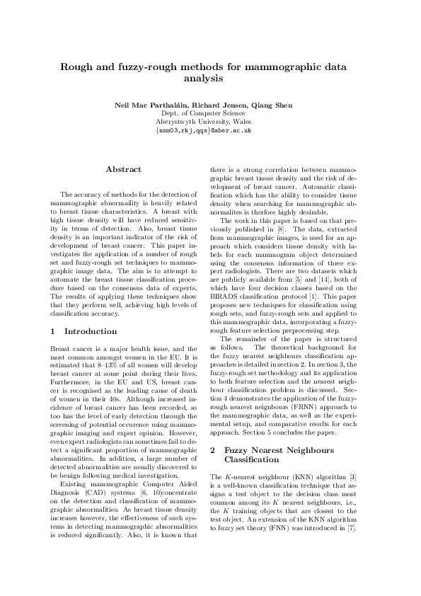 (PDF) Rough and fuzzy-rough methods for mammographic data analysis