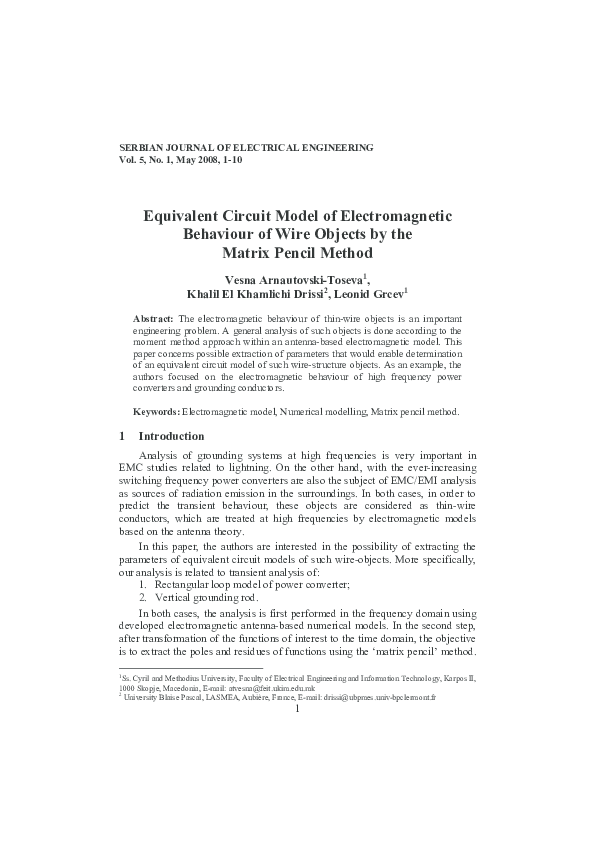 (PDF) Equivalent circuit model of electromagnetic behaviour of wire objects by the matrix pencil ...